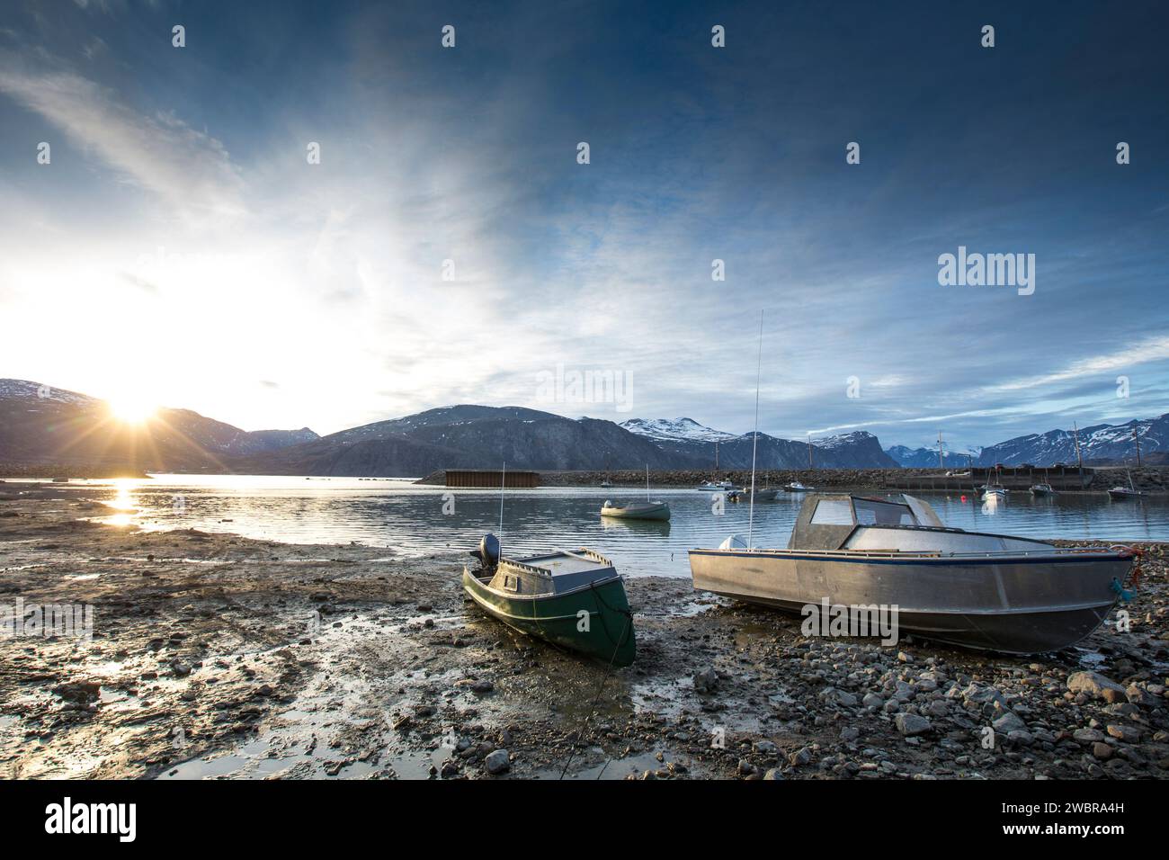 Scenic boat scene in small Inuit village on Baffin Island, Nunavut ...