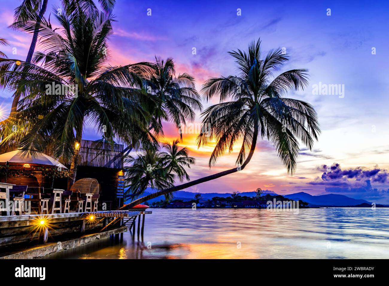 Sunset landscape view, palm trees, sea, and reflections, Big Buddha, Bo ...
