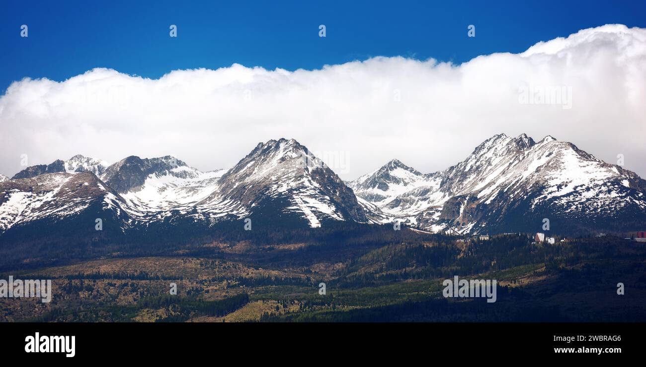 slovakia countryside scenery in spring. snow capped peaks of high ...