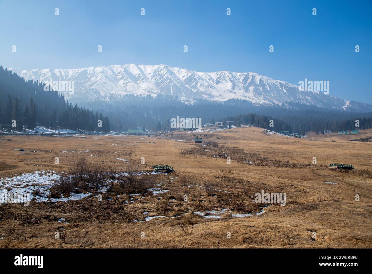 General view of dry ski slopes at the world famed ski resort of Gulmarg ...