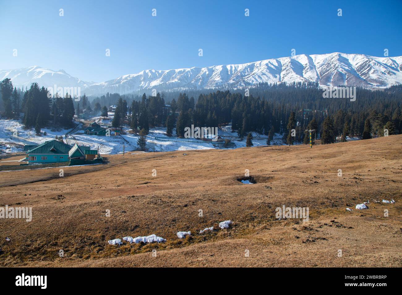 General view of dry ski slopes at the world famed ski resort of Gulmarg ...