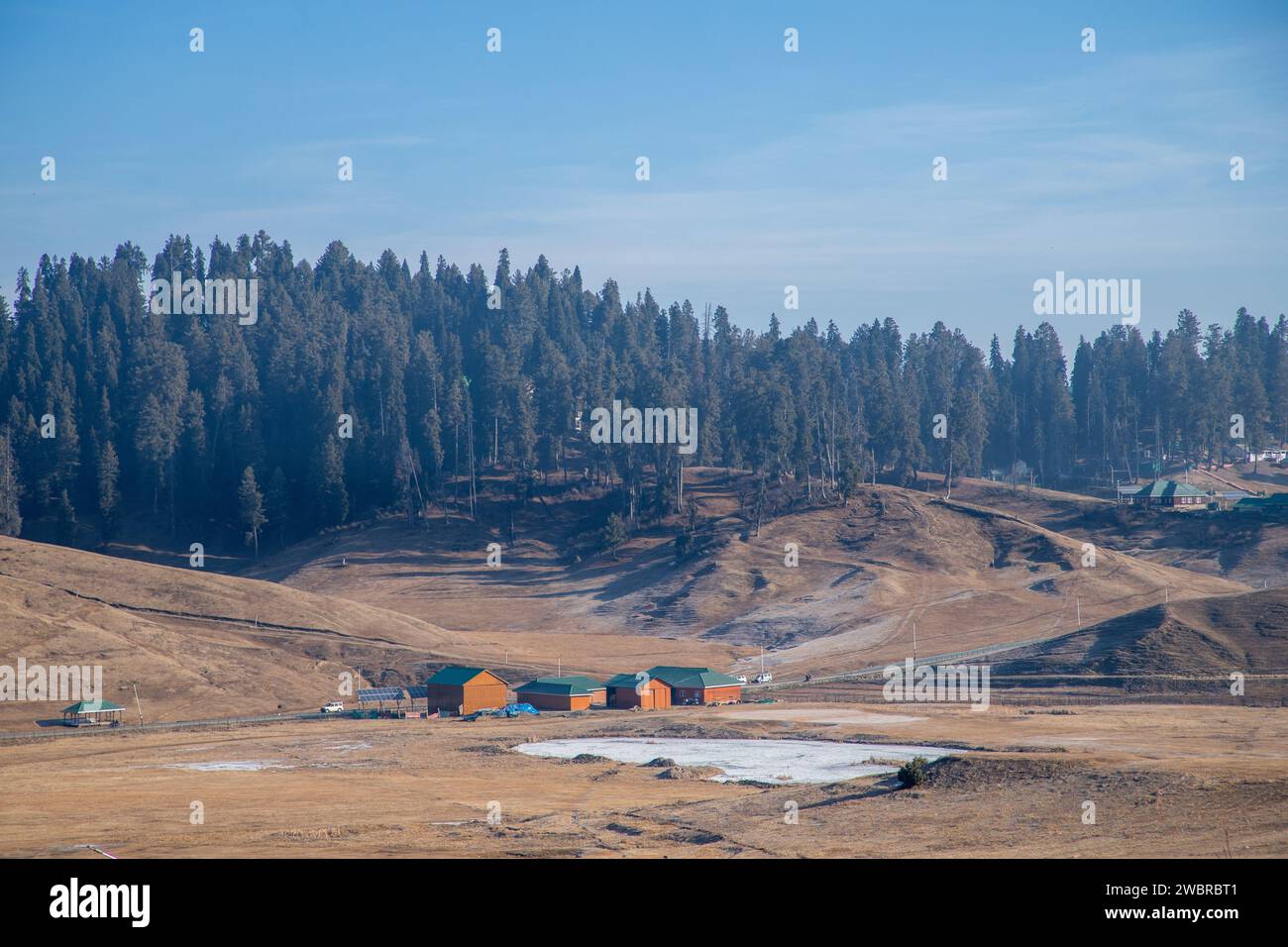 General view of dry ski slopes at the world famed ski resort of Gulmarg ...