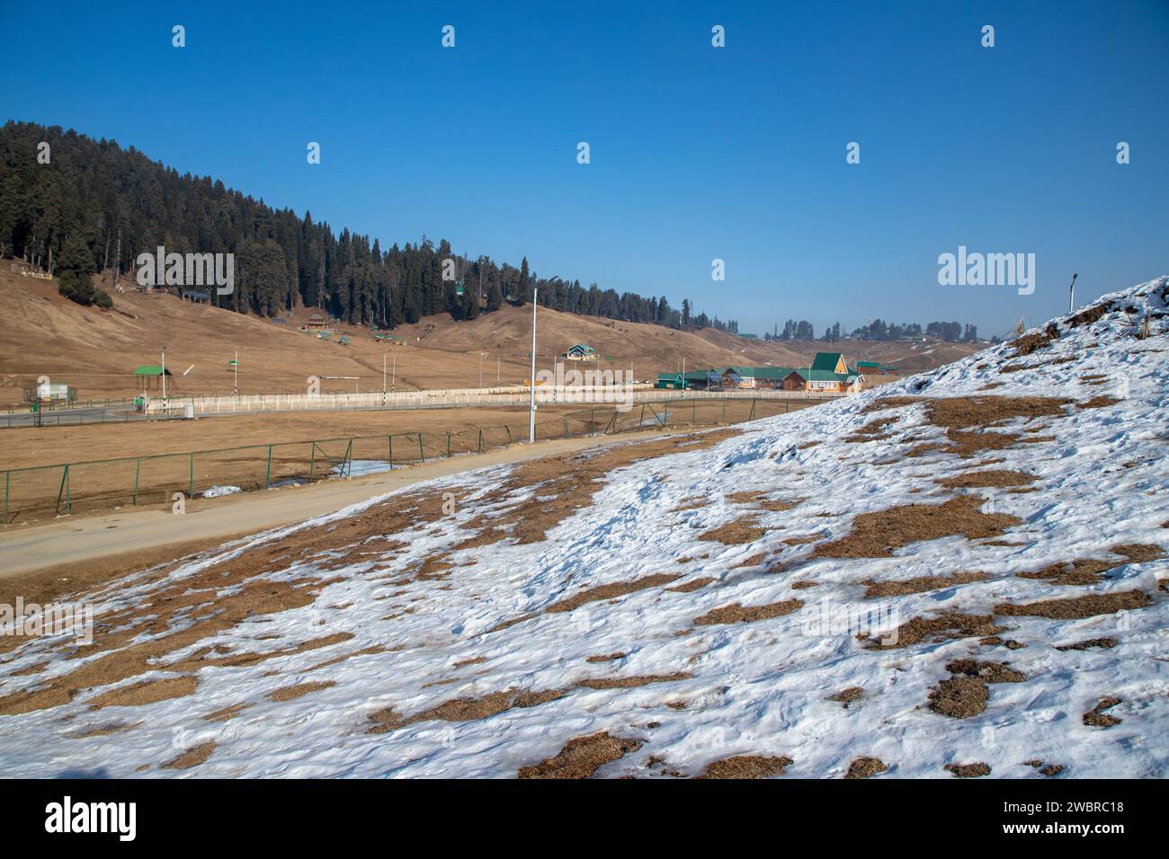 General view of dry ski slopes at the world famed ski resort of Gulmarg ...