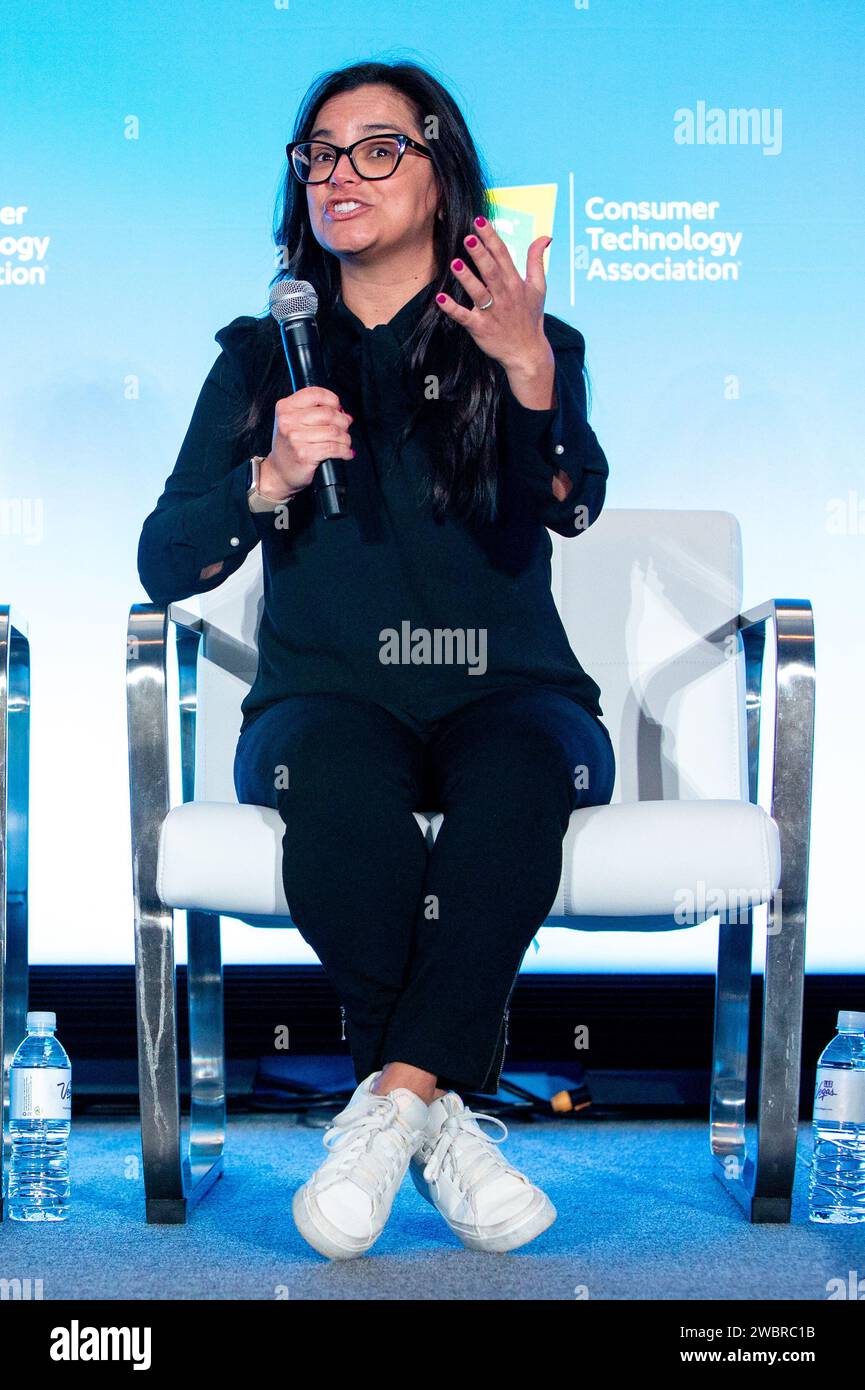 Las Vegas, USA. 11th Jan, 2024. Addie Cooke, Google, speaks at the AI ...