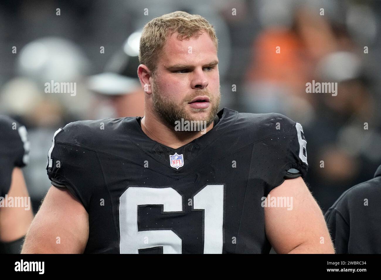 Las Vegas Raiders guard Jordan Meredith (61) warms up before an NFL ...