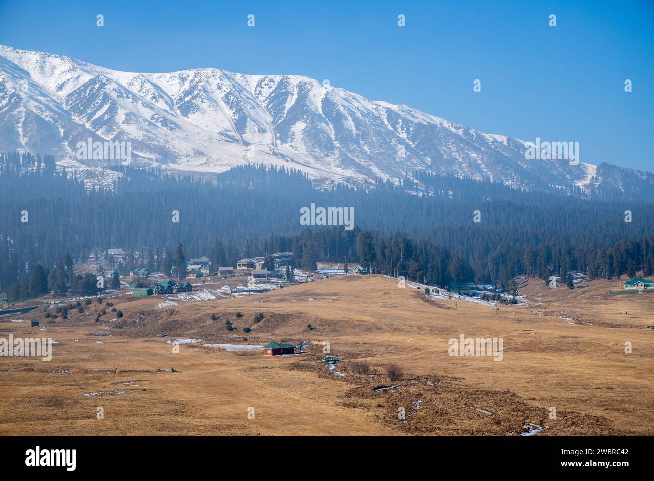 General view of dry ski slopes at the world famed ski resort of Gulmarg ...