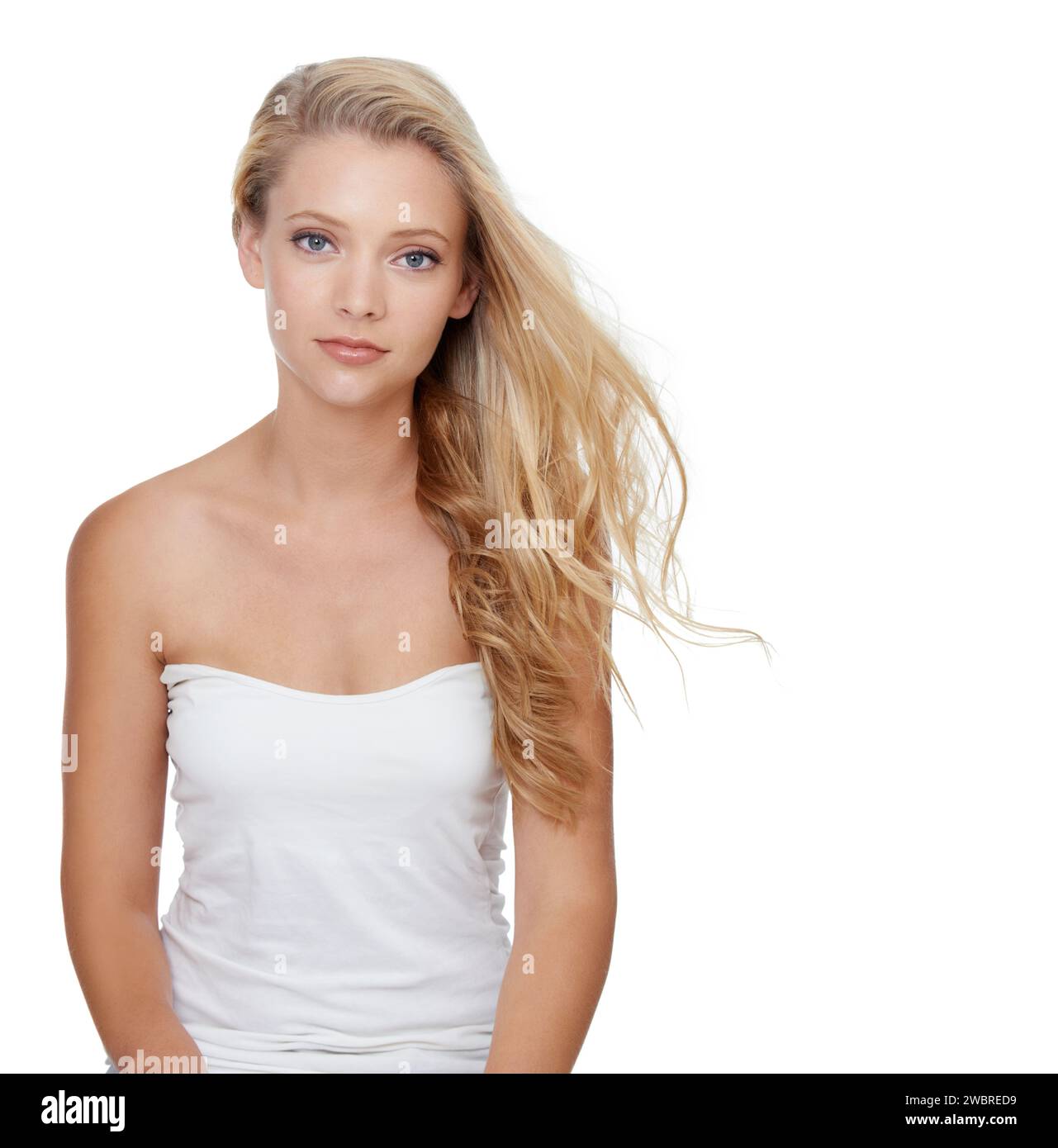 Woman, mockup and hair care with cosmetics in studio for beauty ...
