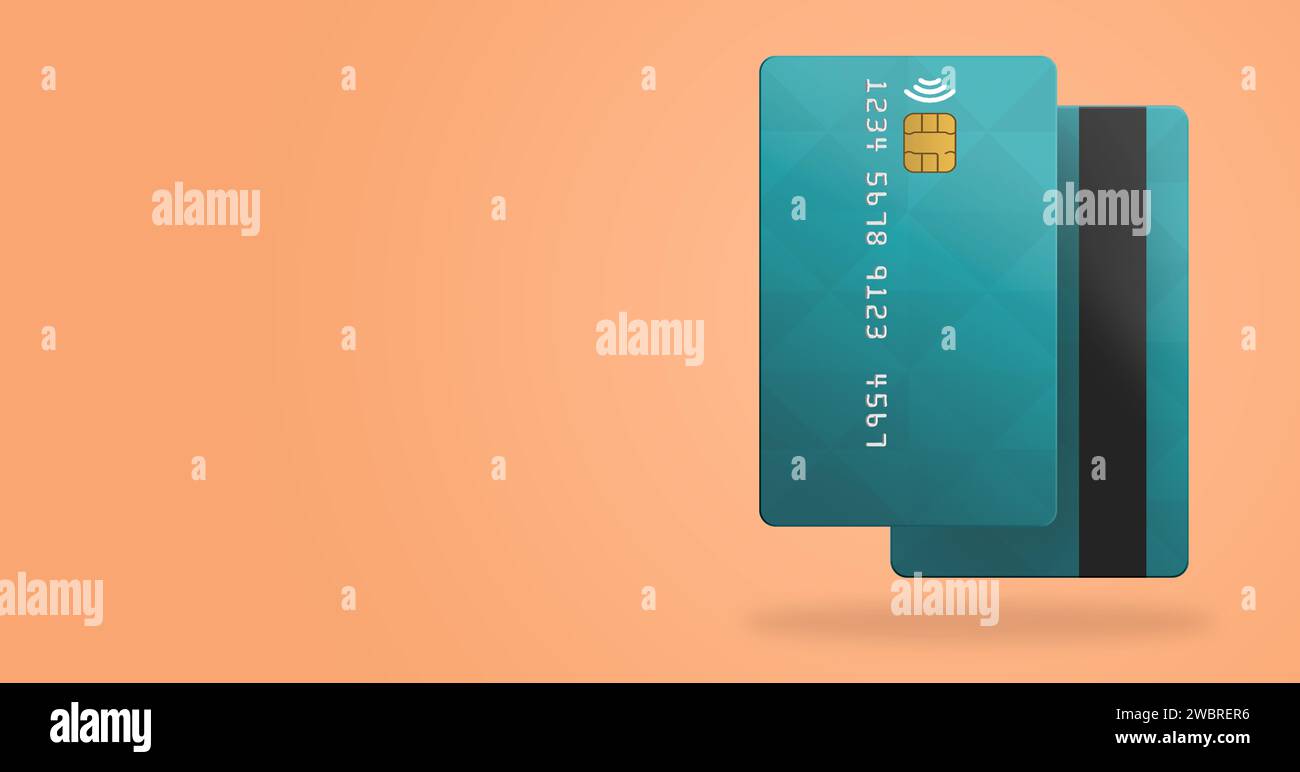 Banner of realistic credit cards in Peach Fuzz color background. Credit ...
