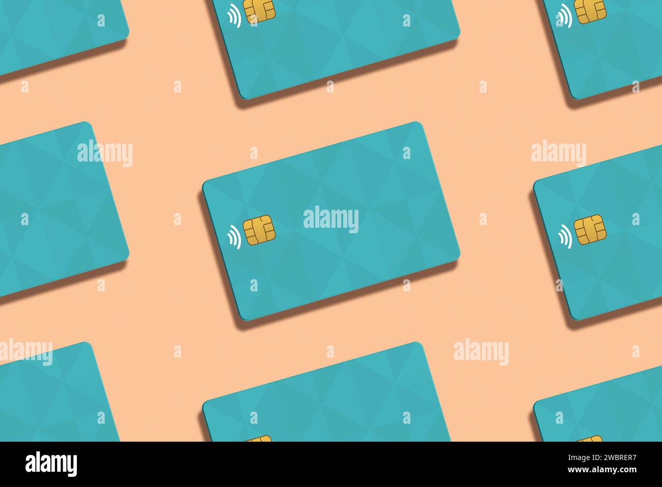 Pattern of realistic credit cards in Peach Fuzz color background ...