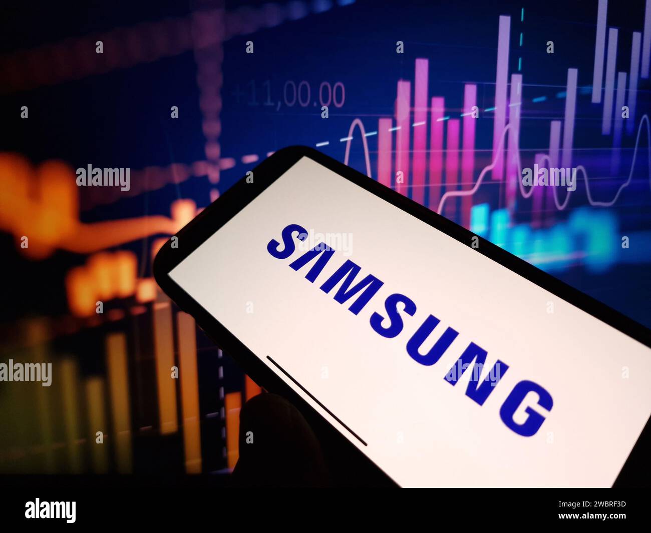 Konskie, Poland - January 03, 2024: Samsung Group company logo displayed on mobile phone screen ...