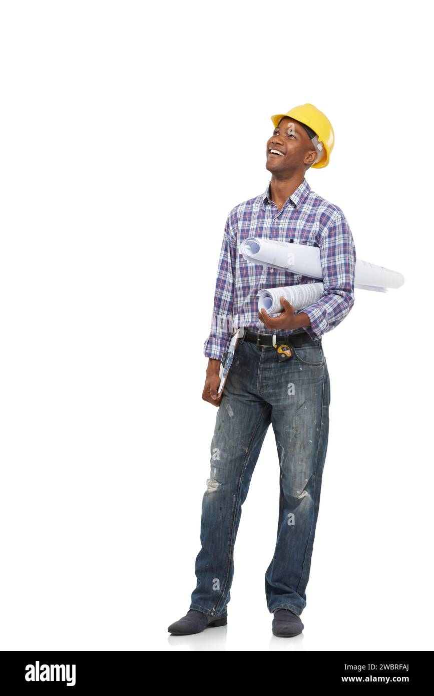 Blueprint, construction and man on a white background for thinking ...
