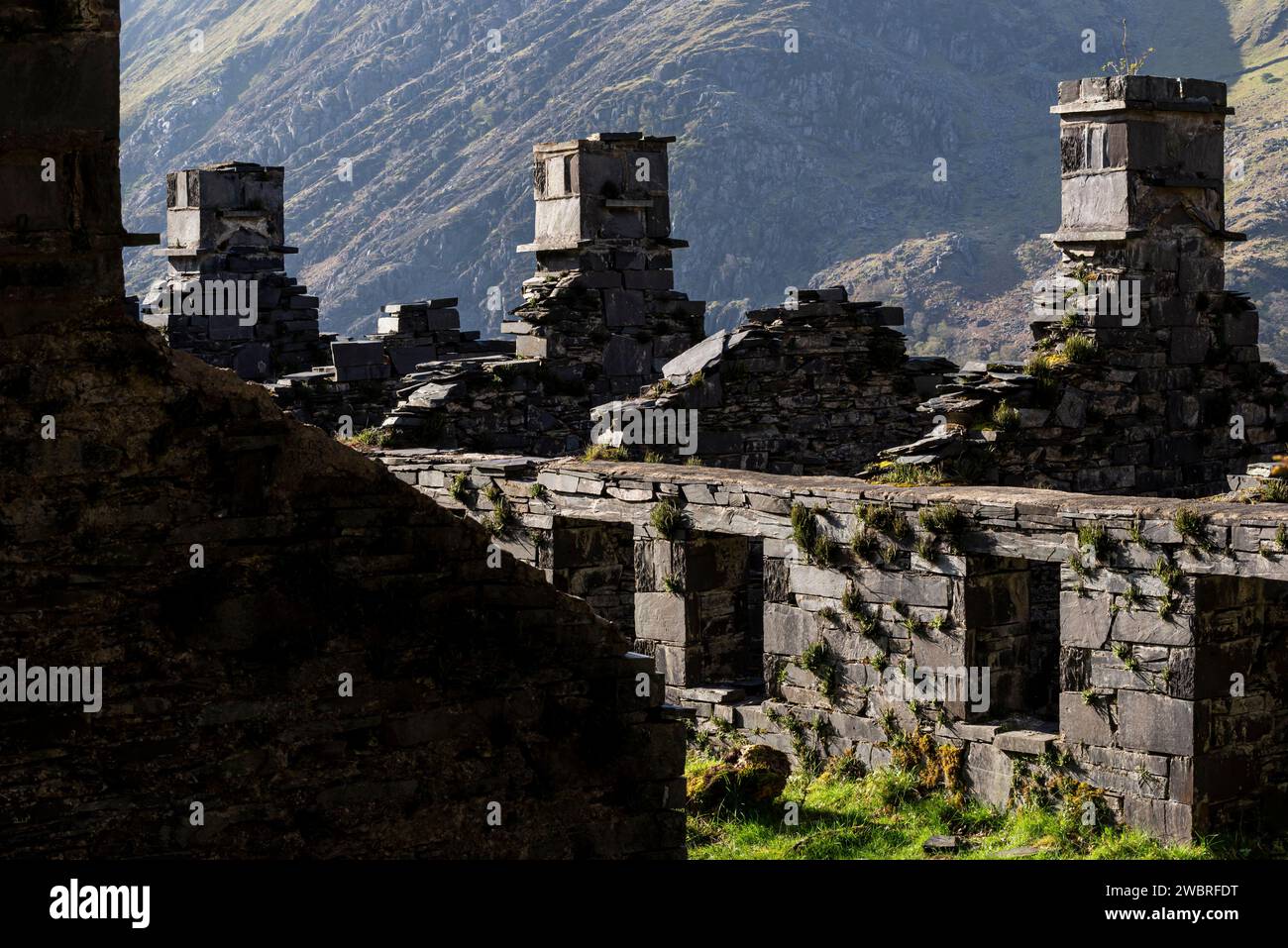 The ruins of the Anglesey Barracks at Dinorwig Quarry at Llanberis in ...