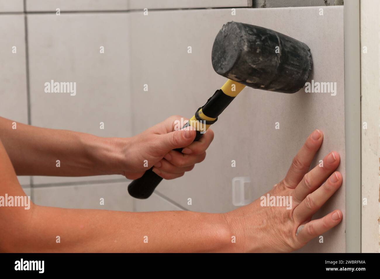Woman tiling bathroom walls, pressing tile into a glue with rubber ...