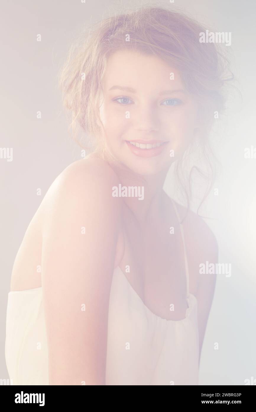 Fantasy Portrait And Woman With Braid Smile And Greek Mythology Of Aphrodite With Makeup Glow