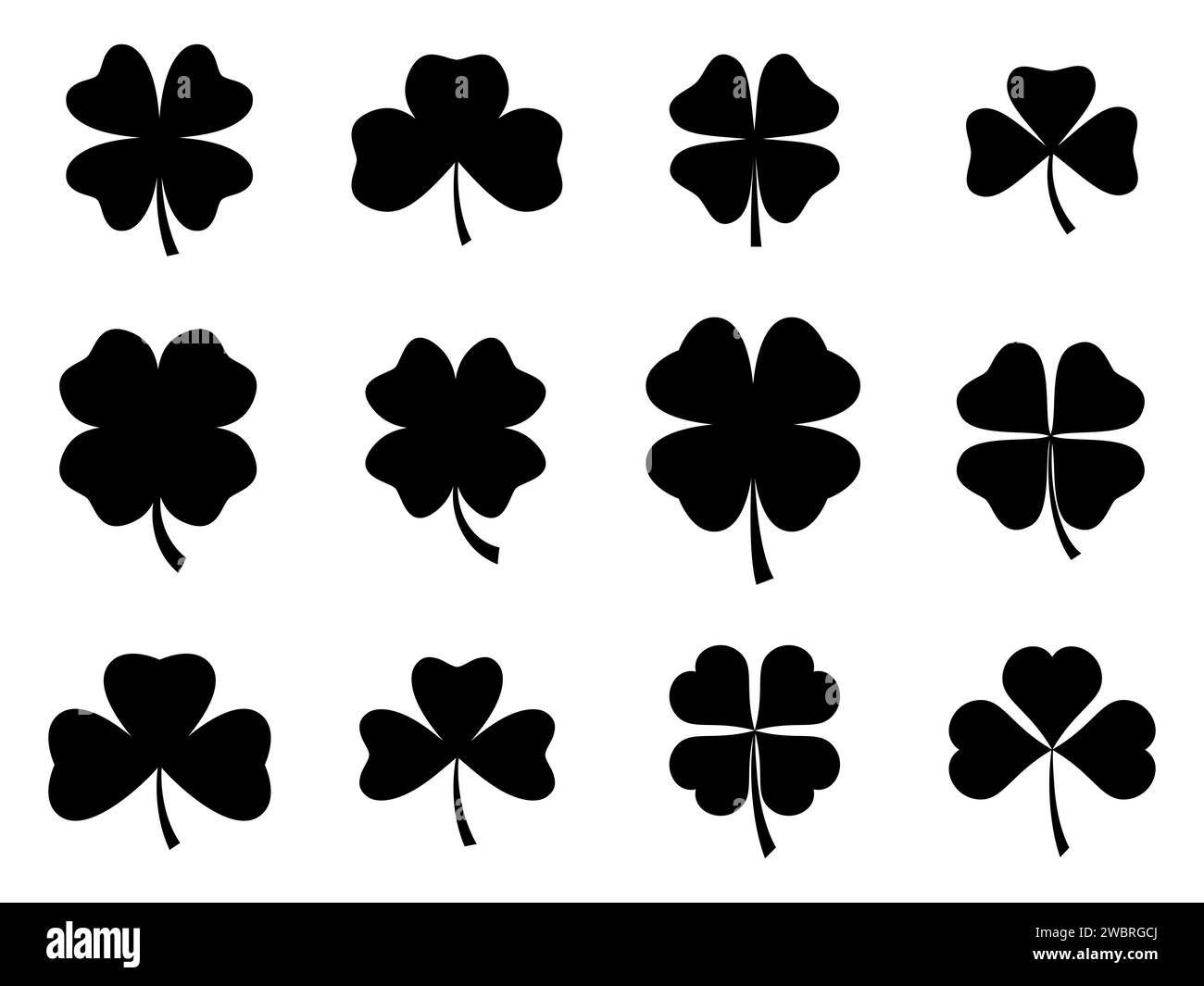Clover Leaves Icon Set Isolated On White Background Black Silhouettes Of Clovers For St