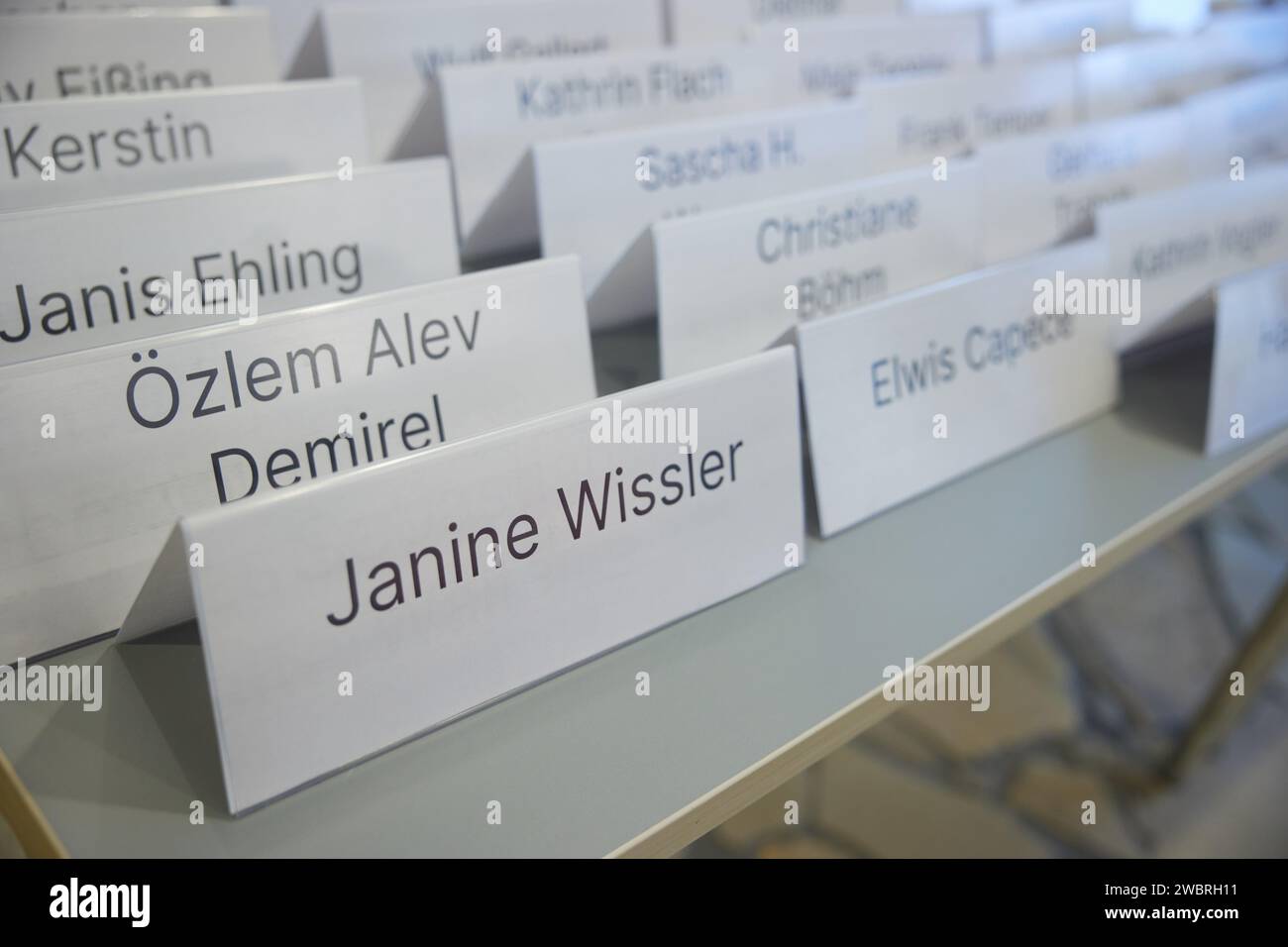 Berlin, Germany. 12th Jan, 2024. Various name badges of Linke ...