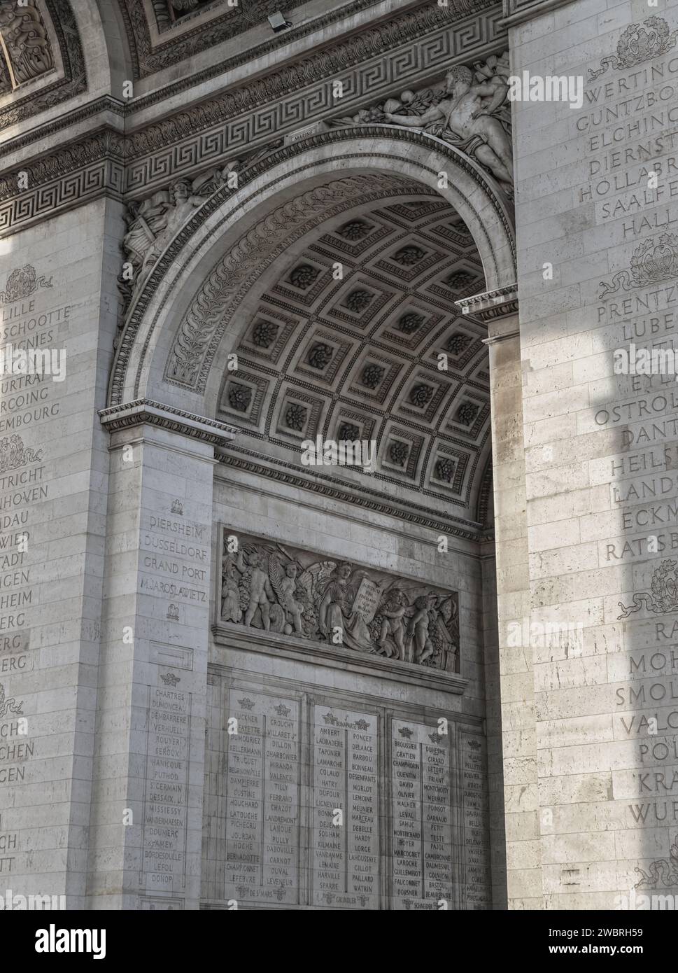 France, Paris - Jan 03, 2024 - Detail under view of carvings under the arch of the Triumphal ...