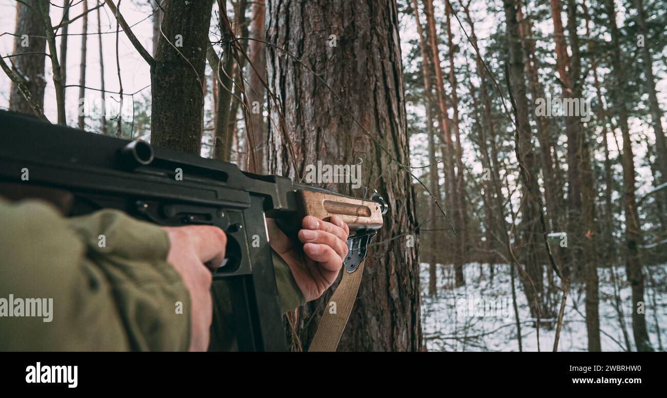 Usa Soldier With Old Thompson Sub-machine Gun. Close-up View Detail On ...