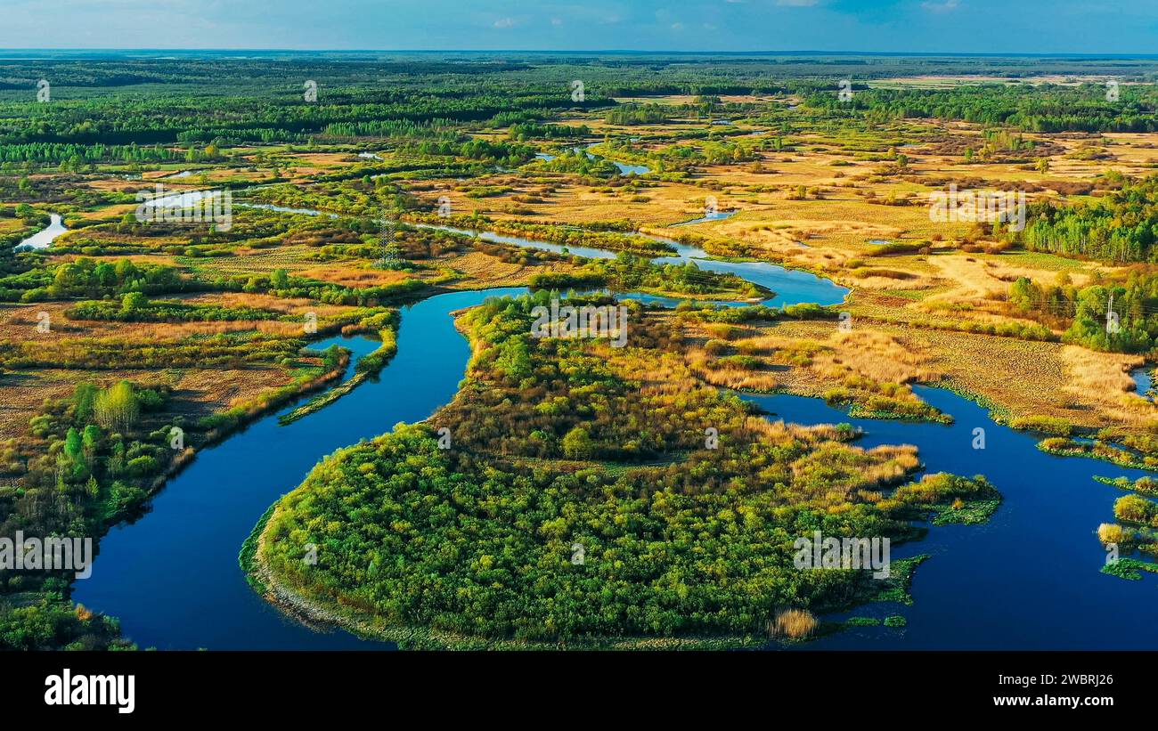 Aerial View Green Forest Woods And Curved River Landscape In Su Stock ...
