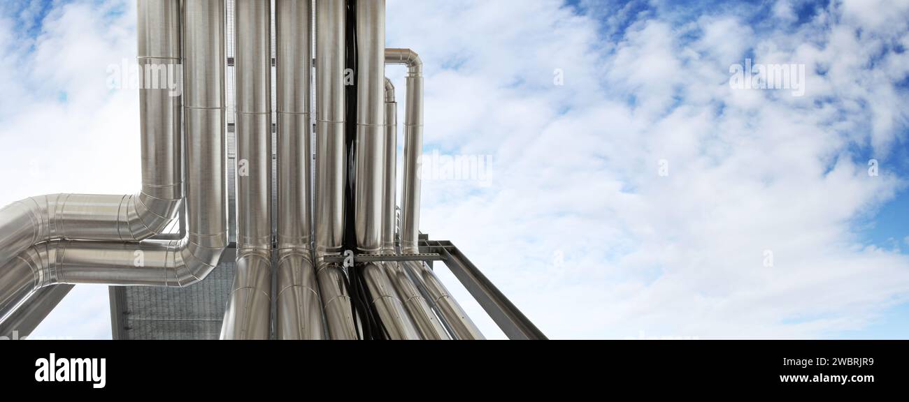 Pipes in blue sky, sustainable renewable energy, control of central ...