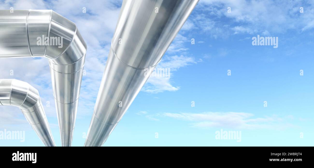 Pipes in blue sky, heating cooling plant air ventilation ductwork ...