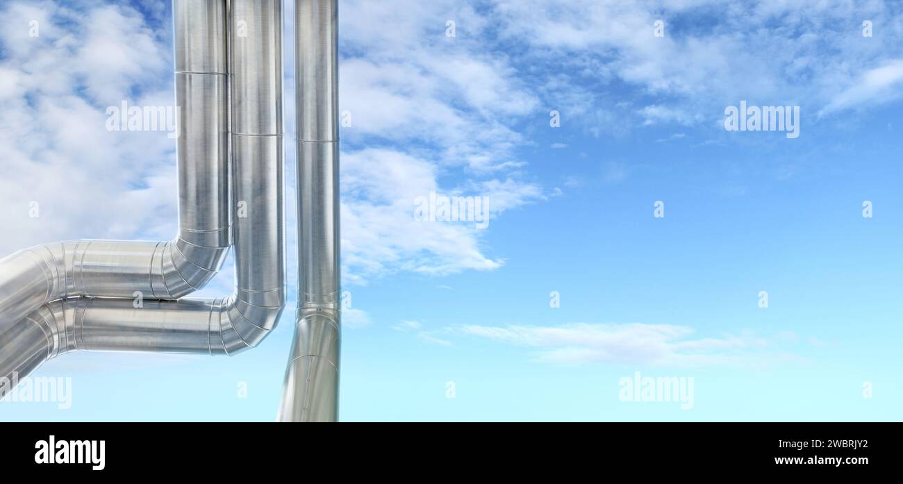 Pipes in blue sky, heating cooling plant air ventilation ductwork ...