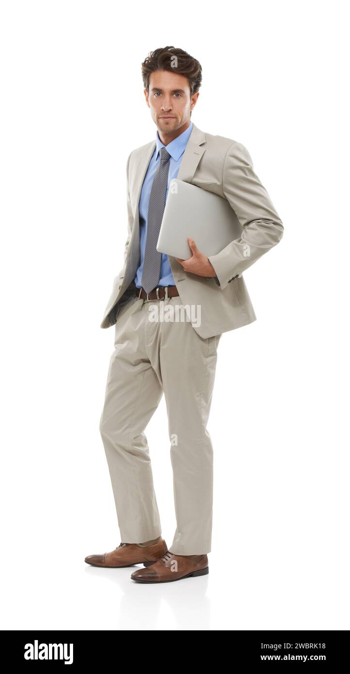 Man with laptop, IT consultant and portrait, software upgrade in studio ...