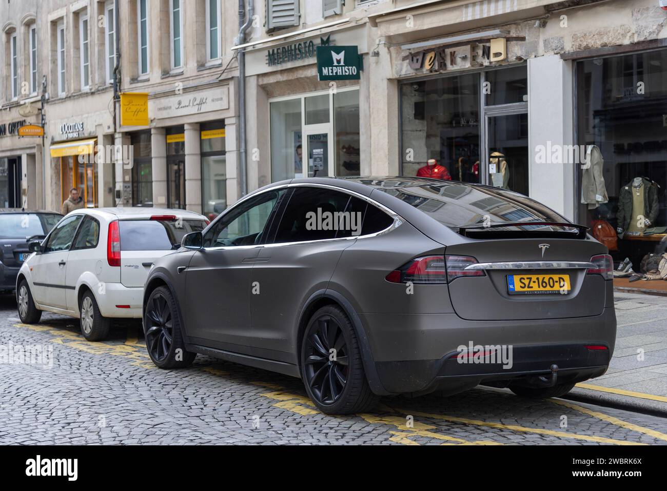 Nancy, France - Matte brown Tesla Model X parked on the street Stock ...