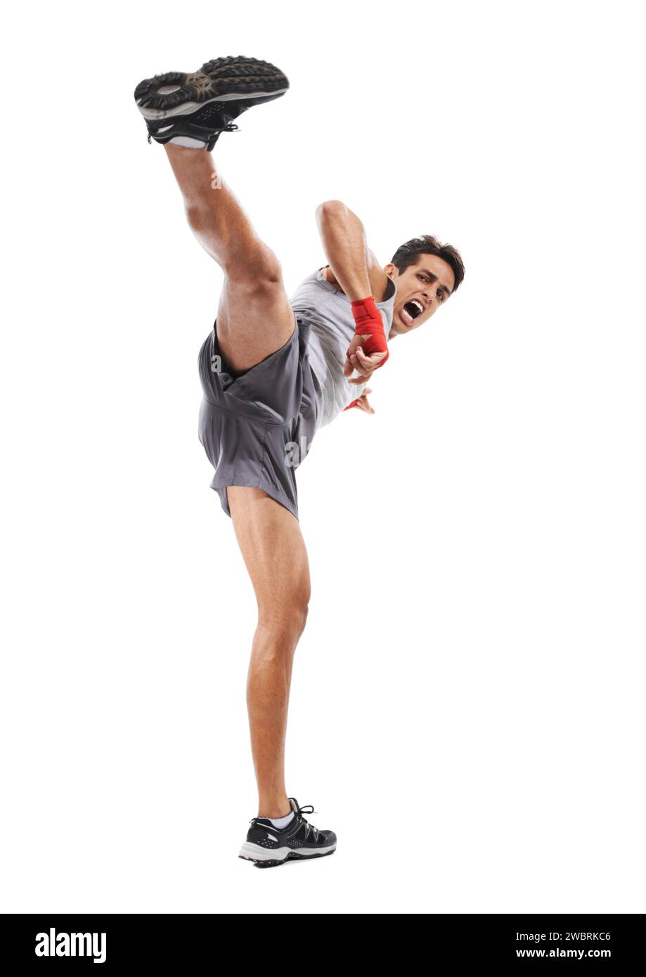 Boxer, man and kick in studio with sports for fitness, health and ...