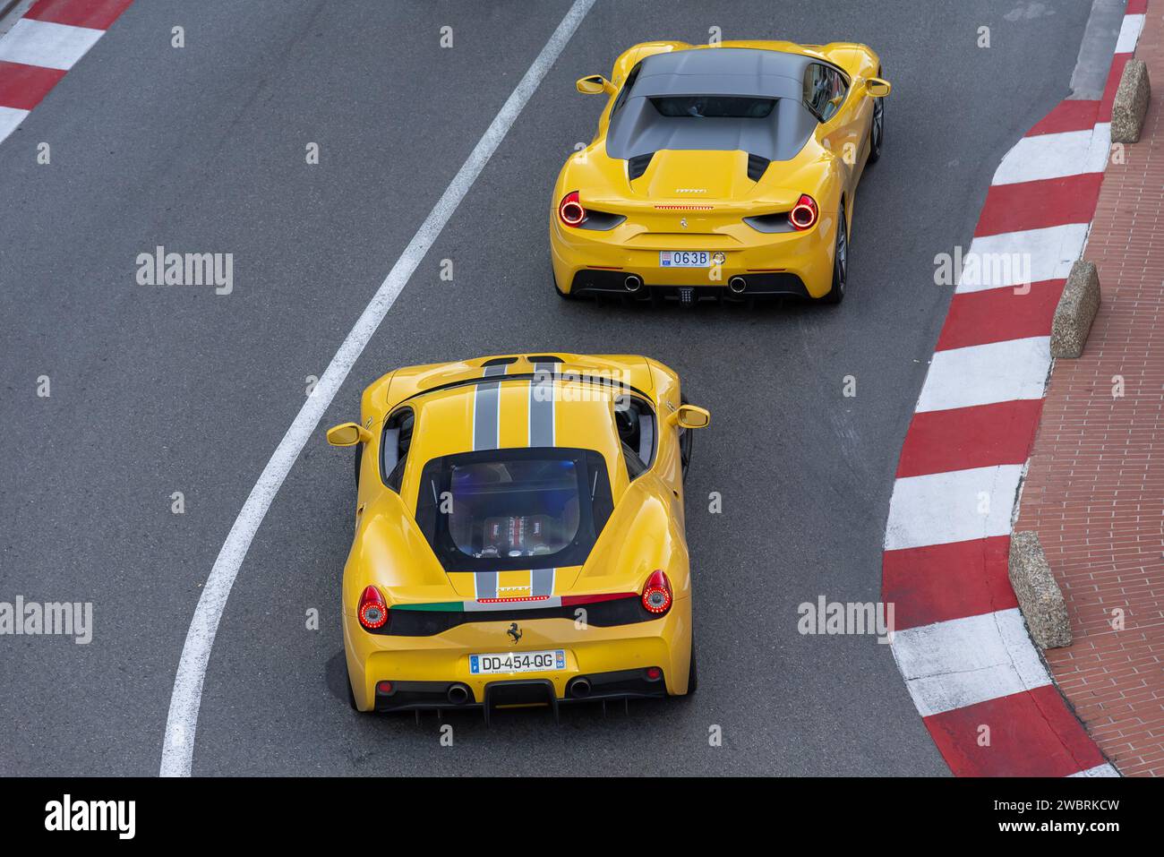 Monaco, Monaco - Yellow Ferrari 488 Spider and yellow Ferrari 458 ...