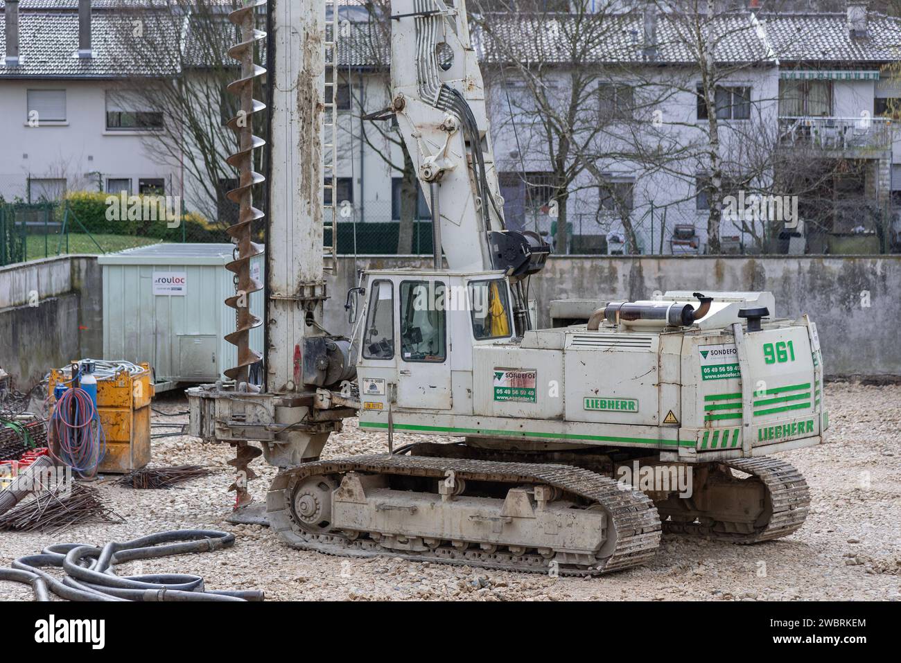 Nancy, France - Old white drilling rig Liebherr R 961 for special ...
