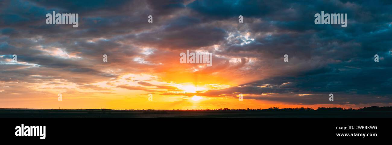 Panoramic View On Amazing Sunset Sunrise Morning Sky With Dark Rain ...