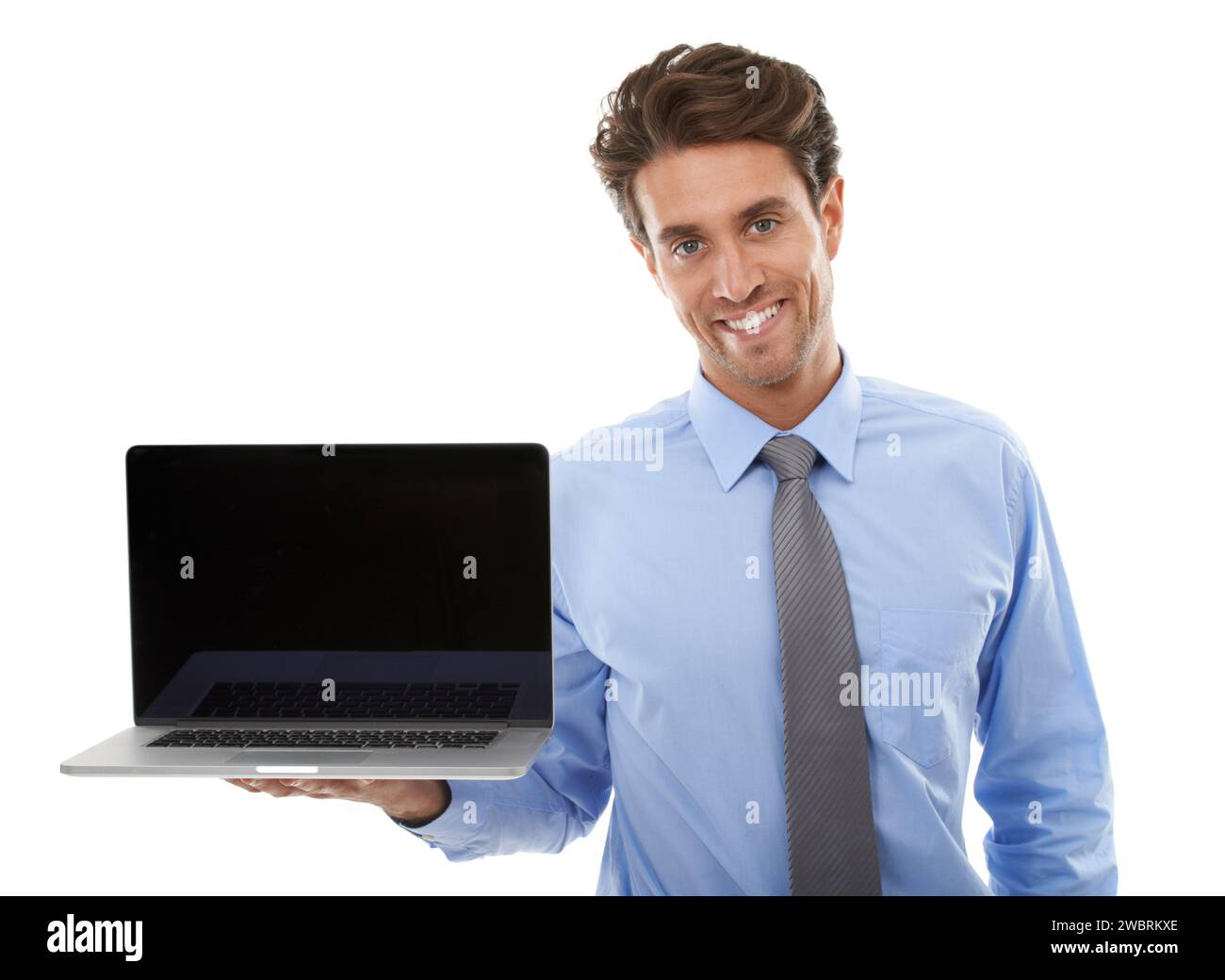 Portrait, business man and mockup on laptop screen in studio for deal ...