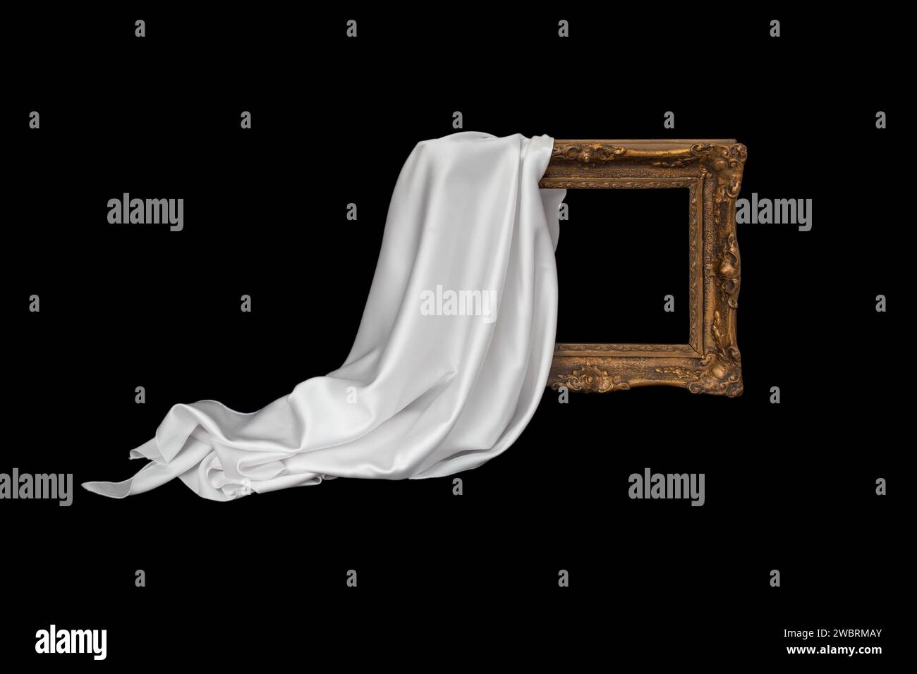 White satin fabric, unveiling a golden brown frame, levitating isolated ...