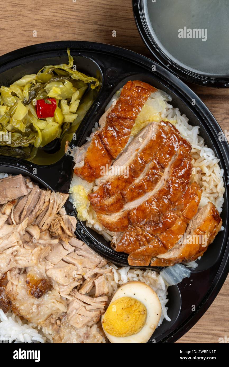 top view Longjiang trotter rice with pork and sausage and pickled ...
