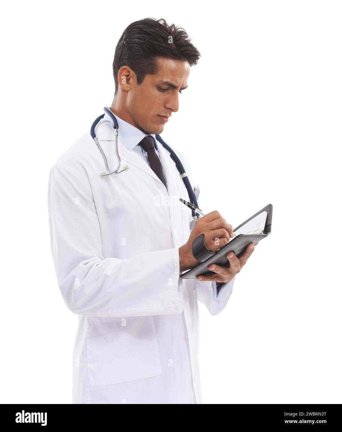 Man, doctor and notebook for writing in studio, planning healthcare ...