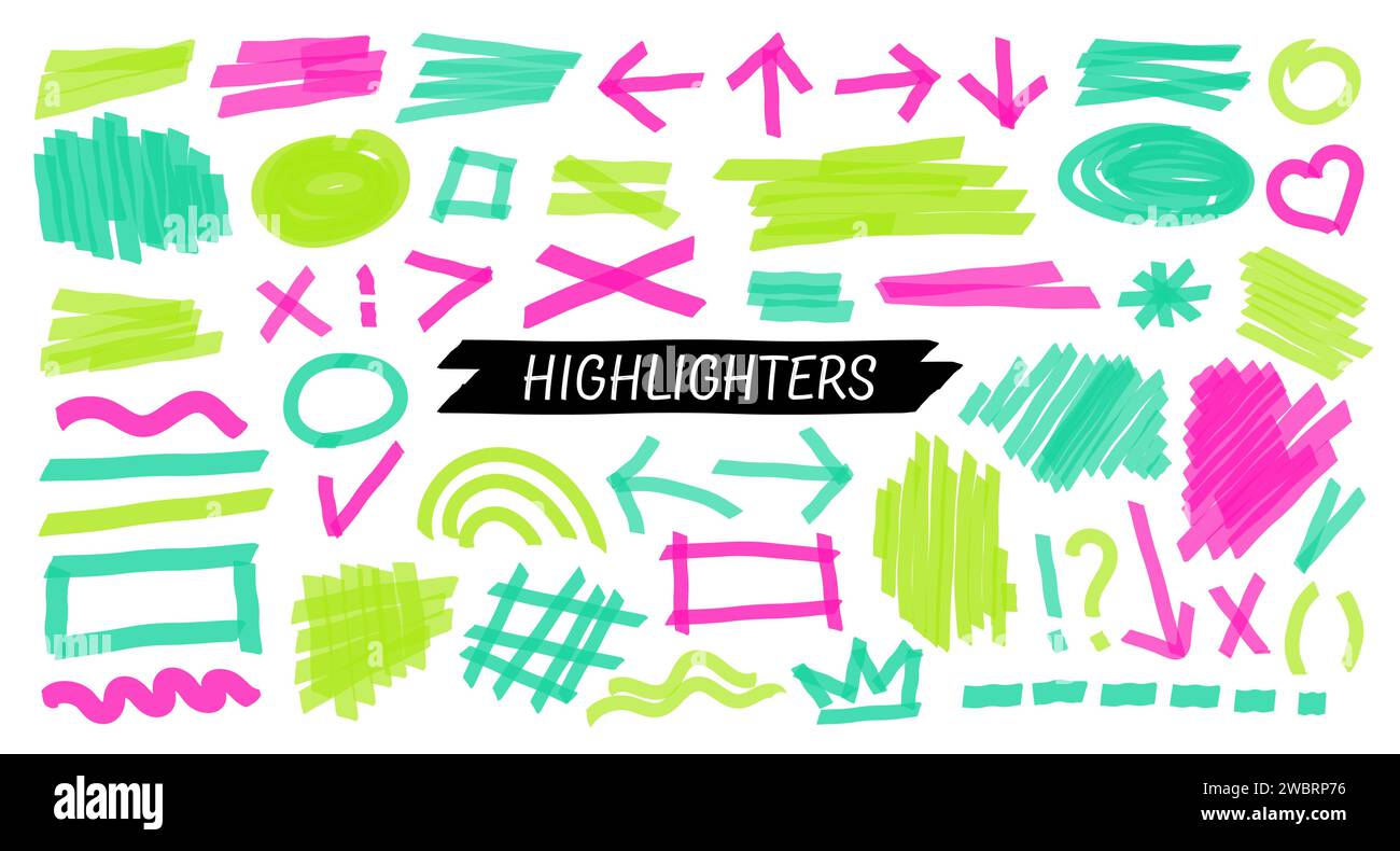 Neon highlight brush strokes and underlines. isolated elements Stock ...