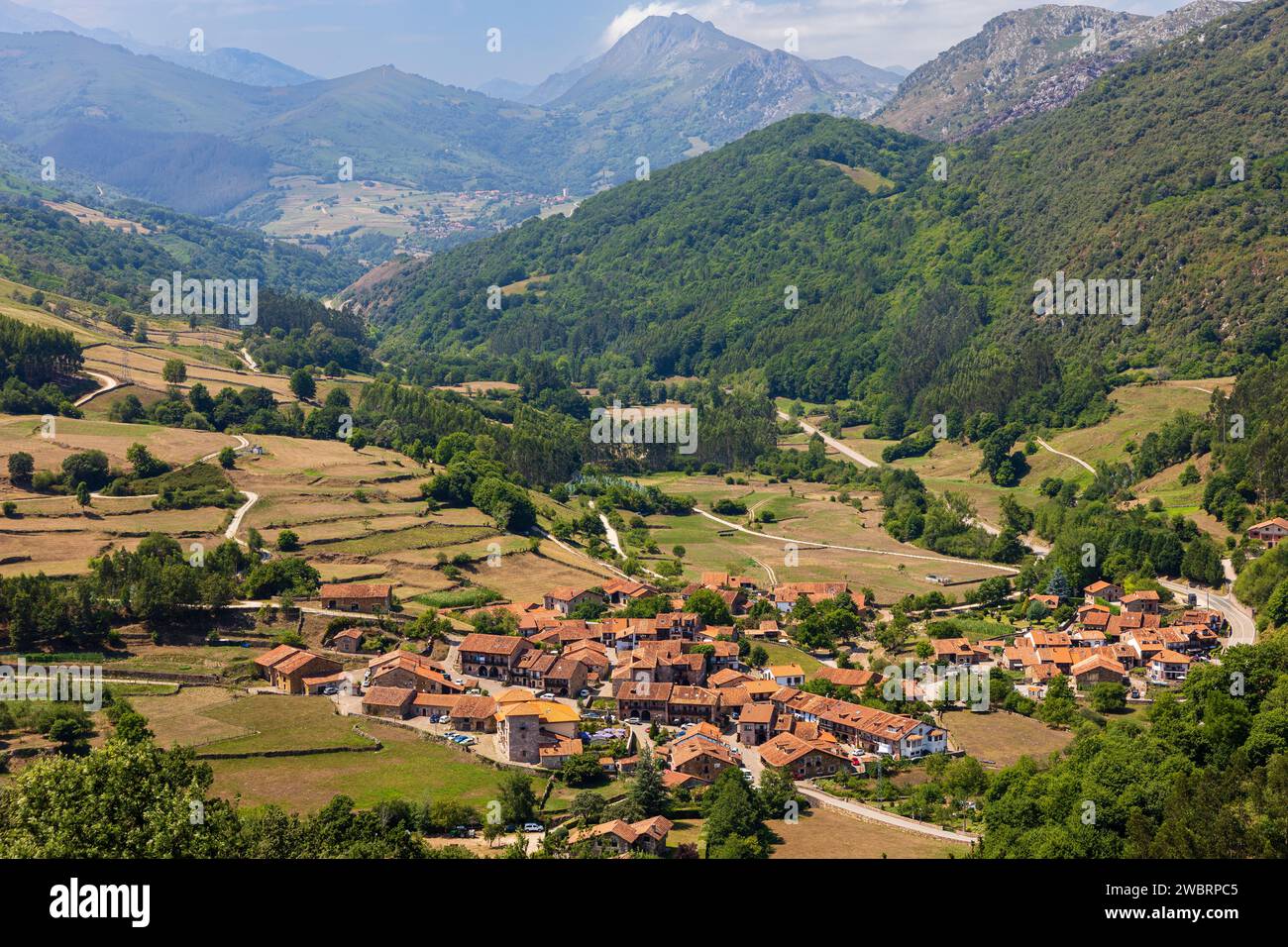 Top view of the small rural town of Carmona and the green Cantabrian ...