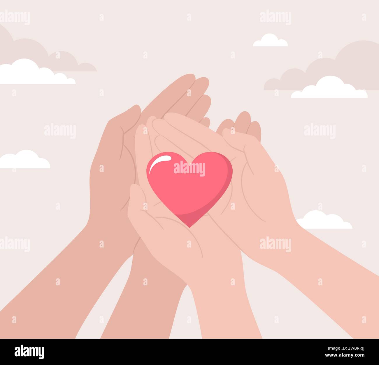 Two pairs of hands holding a heart in their palms, top view. Flat ... Two pairs of hands holding a heart in their palms, top view. Flat ...