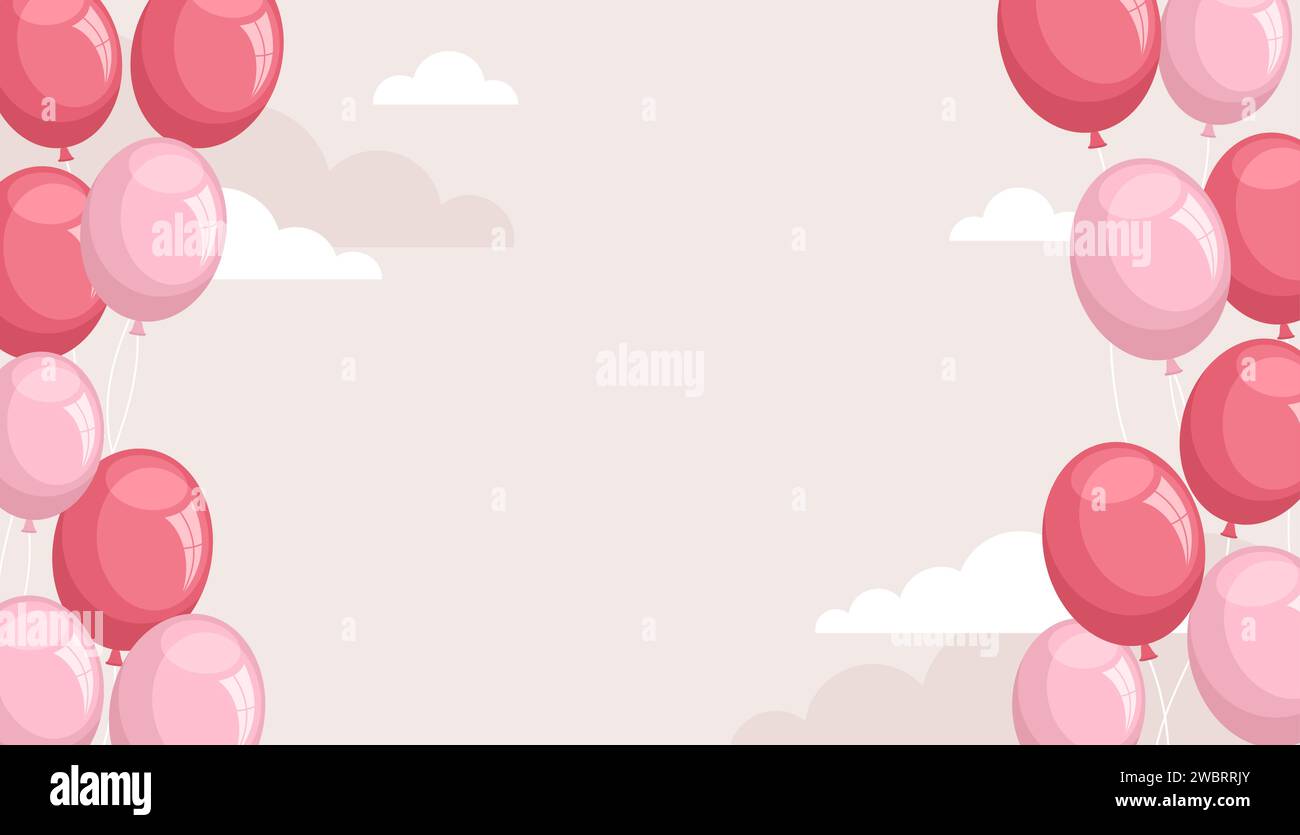 Pink balloons on beige cloud background with copy space. Festive frame ...