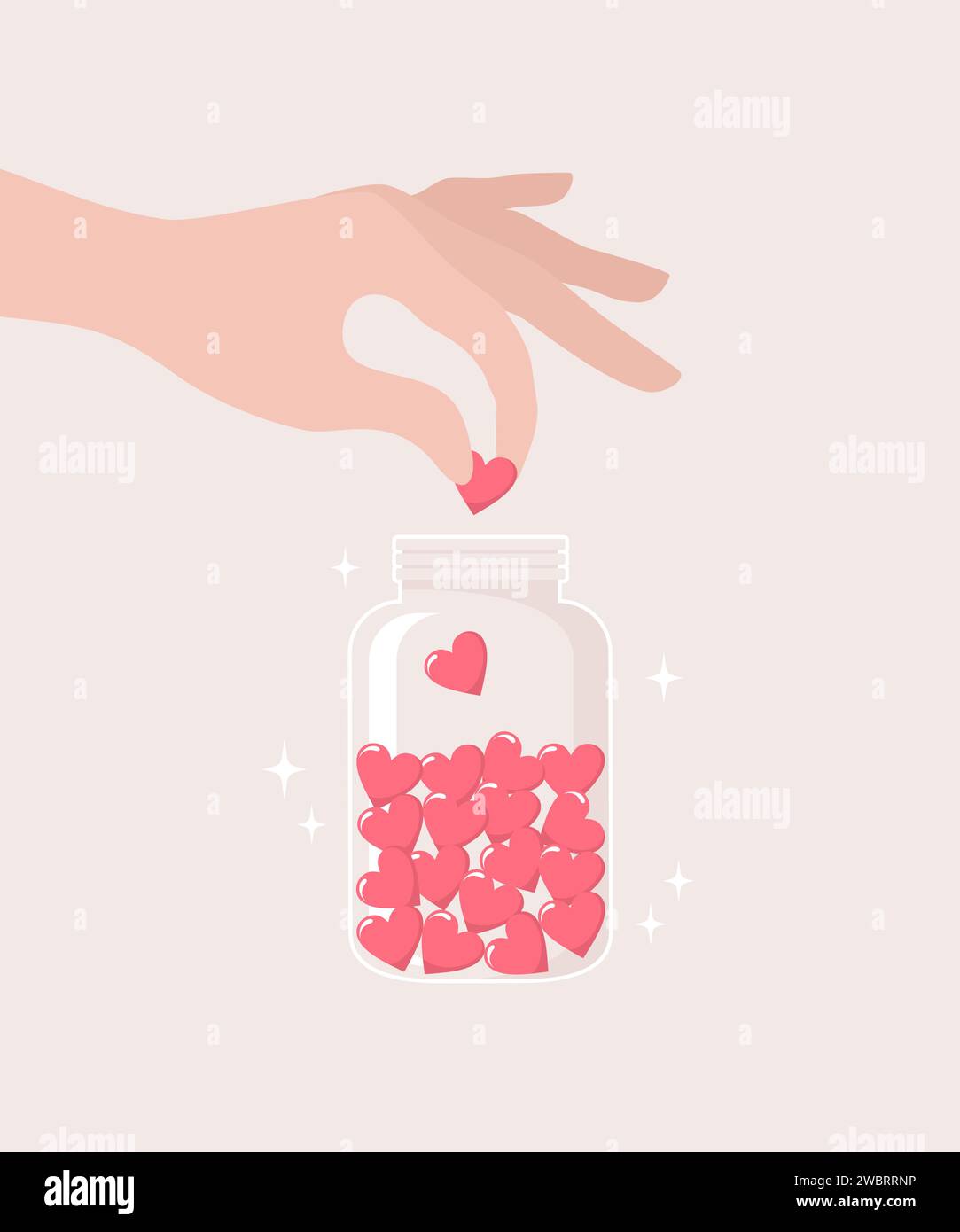 Hand throwing a heart into a glass jar. Flat vector illustration Stock ...