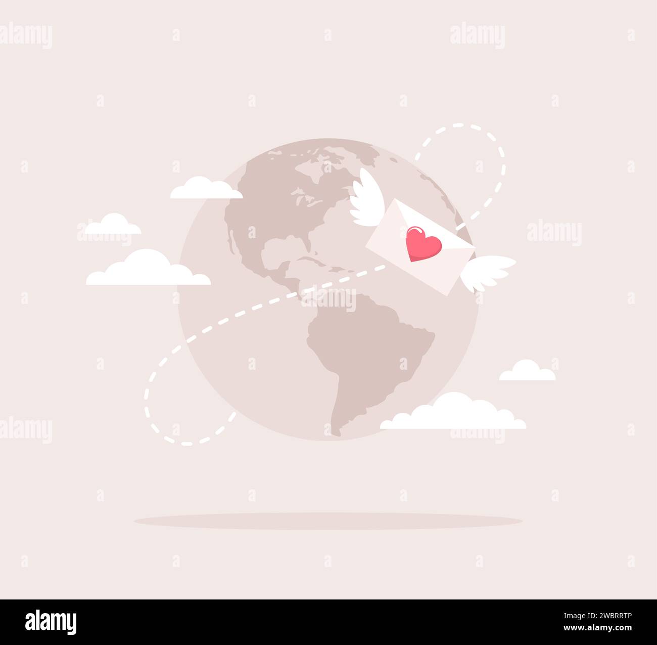 Earth globe and winged envelope with heart flying around. Sending a ...