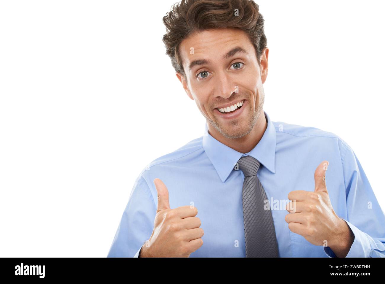 Thumbs up, portrait and excited business man in studio for winning deal ...