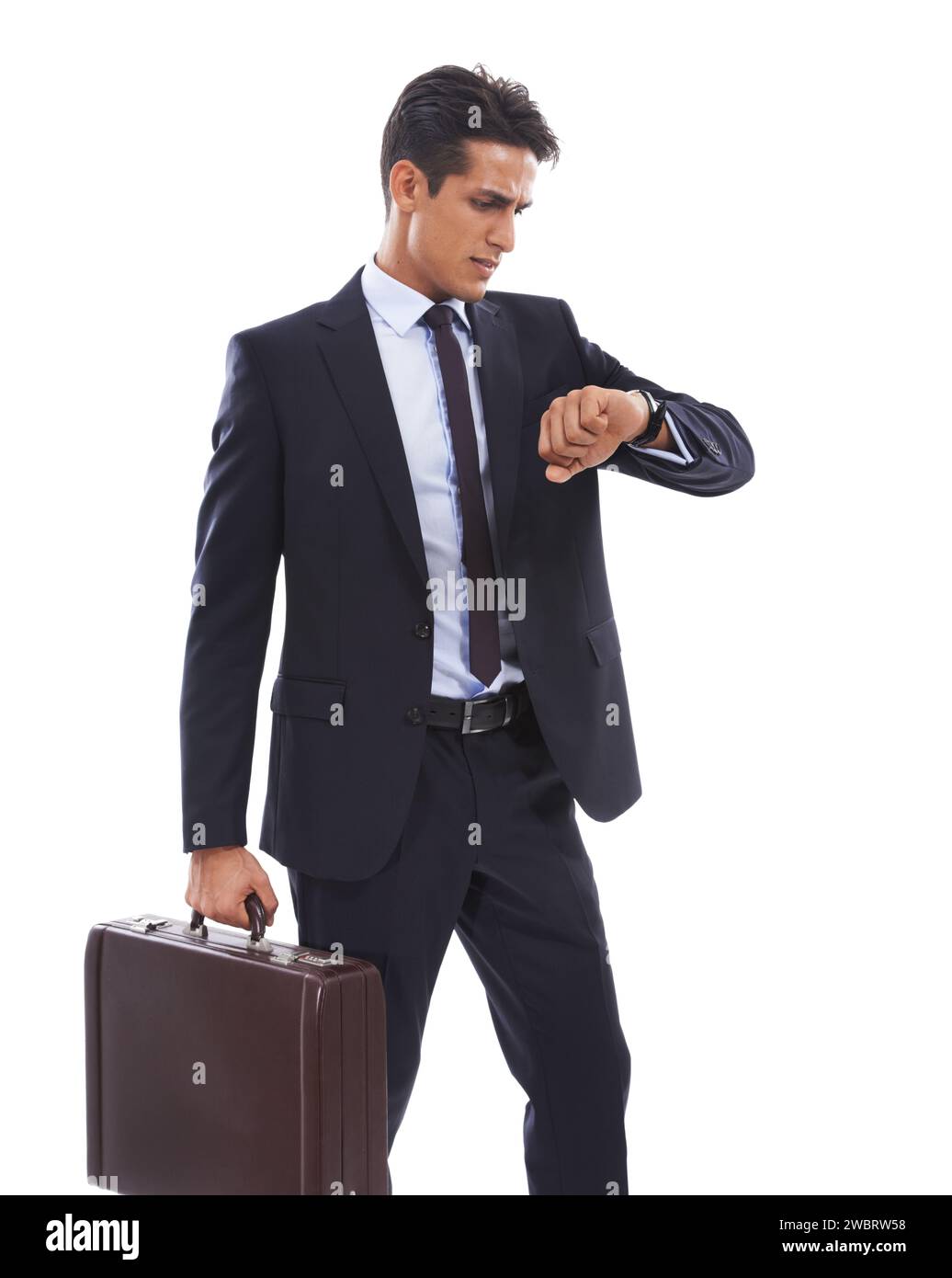 Business man, watch and briefcase in studio with time management ...