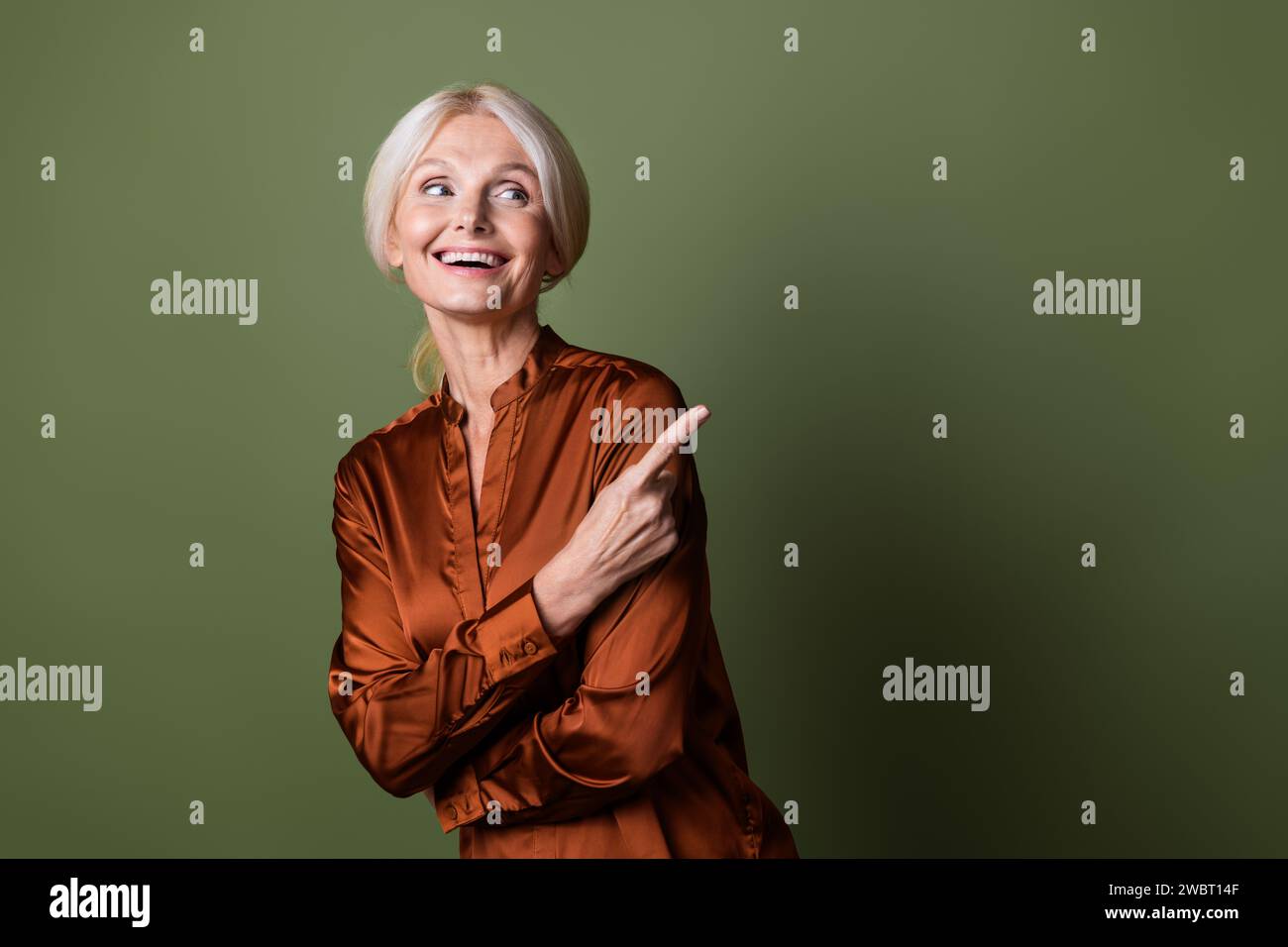 Photo portrait of pretty retired female point excited look empty space ...