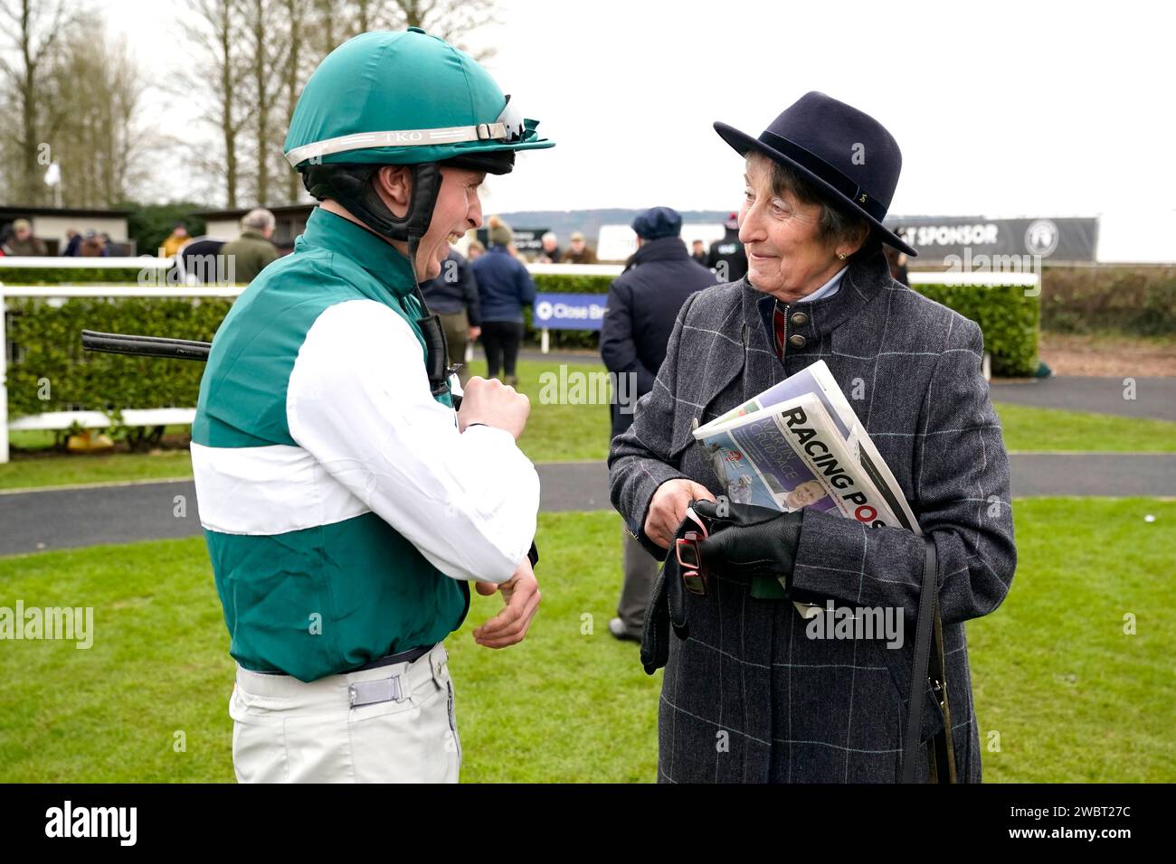 Trainer Henrietta Knight (right) speaks with jockey James Bowen ahead ...