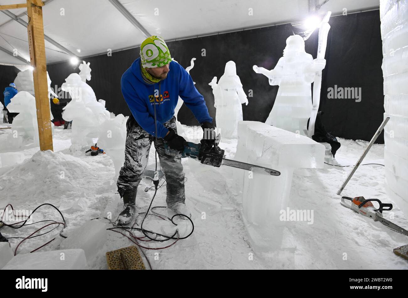 Prostredni Becva, Czech Republic. 12th Jan, 2024. Ice Sculpture carving ...