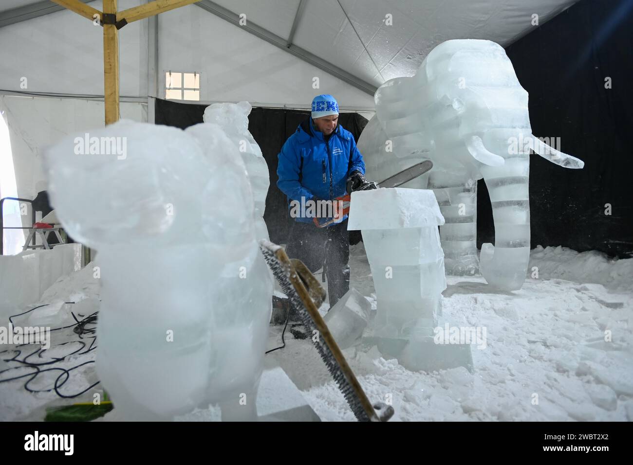 Prostredni Becva, Czech Republic. 12th Jan, 2024. Ice Sculpture carving ...