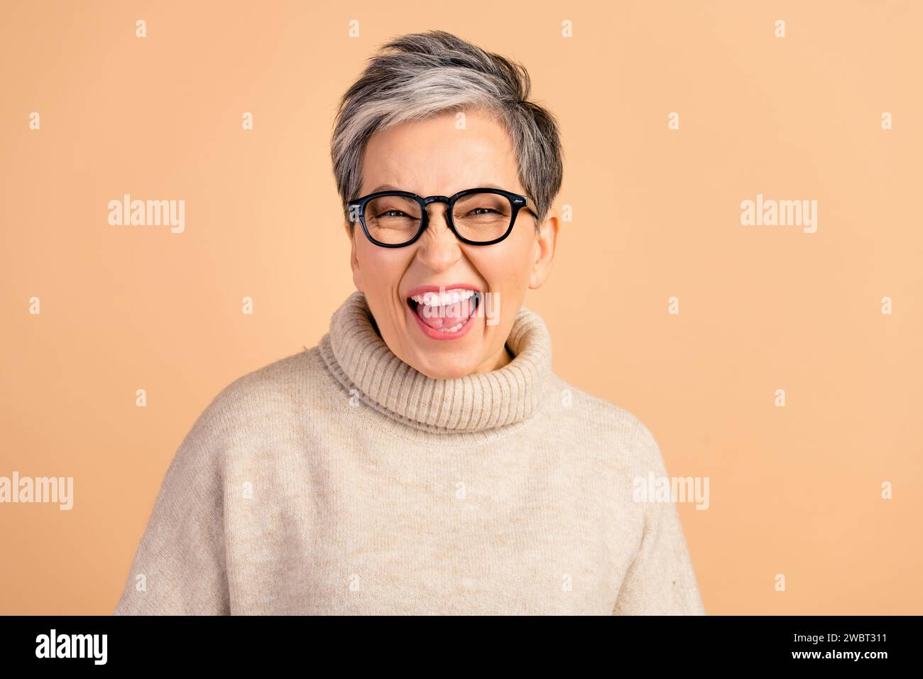 Photo of overjoyed cheerful person toothy smile have good mood empty ...