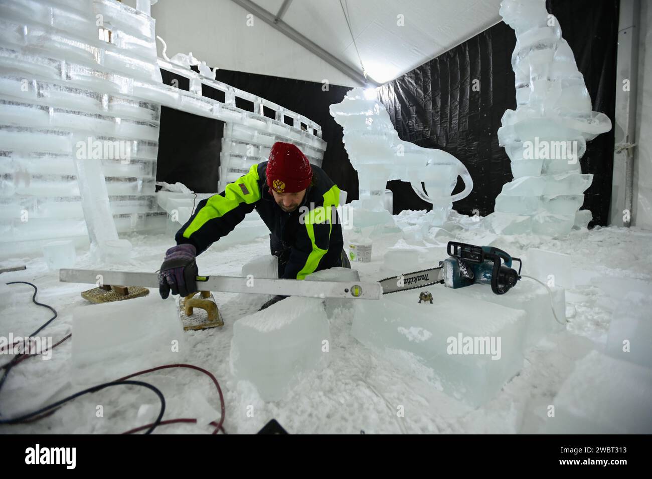Prostredni Becva, Czech Republic. 12th Jan, 2024. Ice Sculpture carving ...